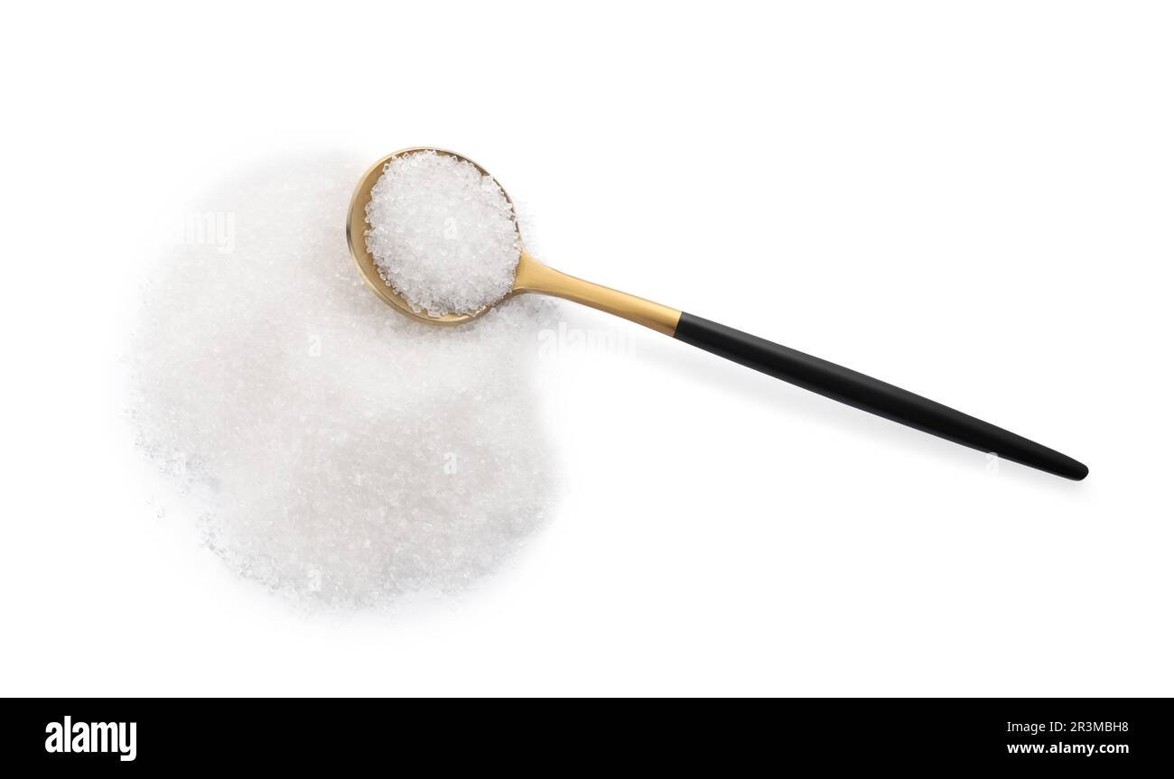 Granulated sugar with spoon on white background Stock Photo - Alamy