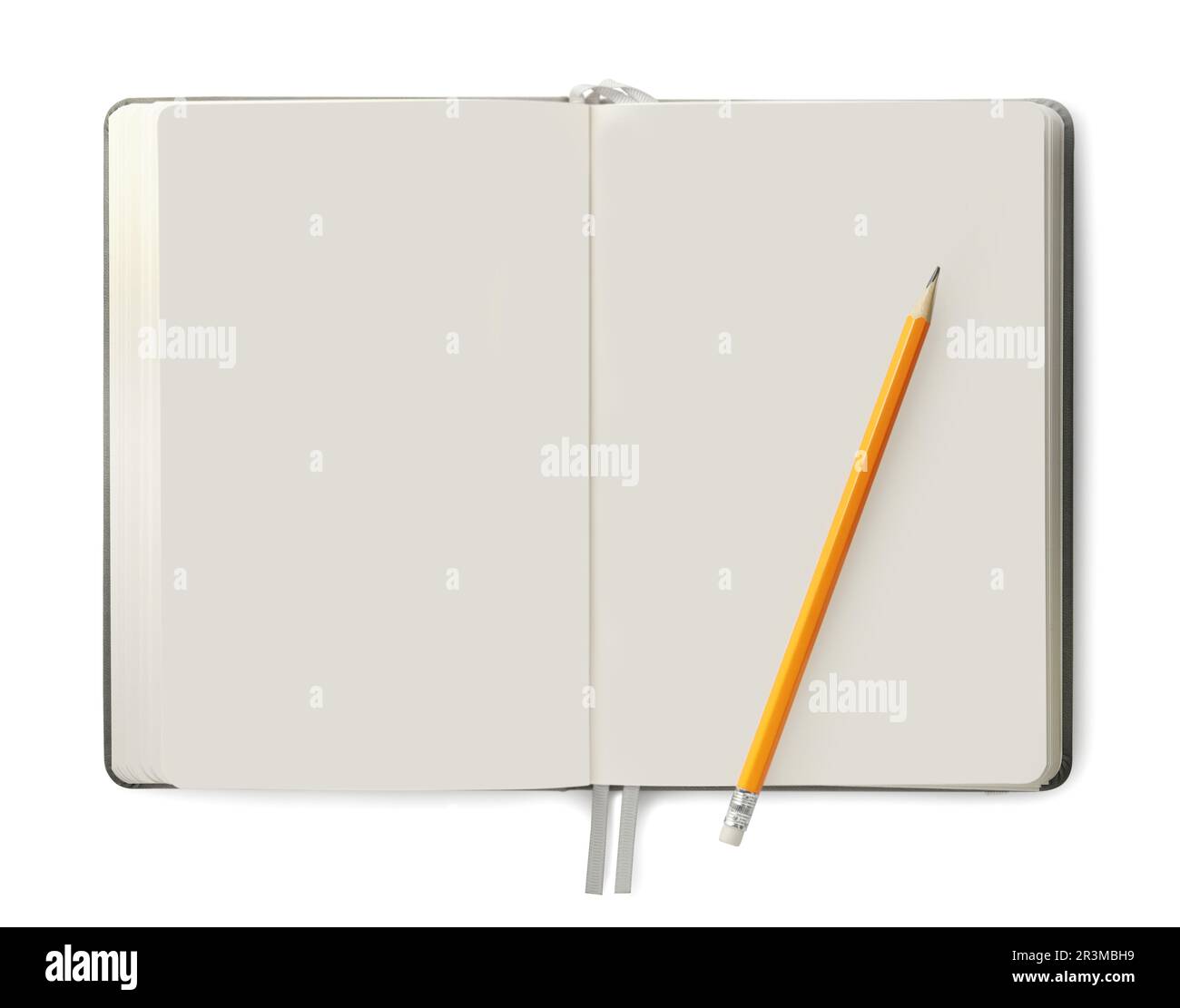 Open blank notebook with pencil isolated on white, top view Stock Photo - Alamy