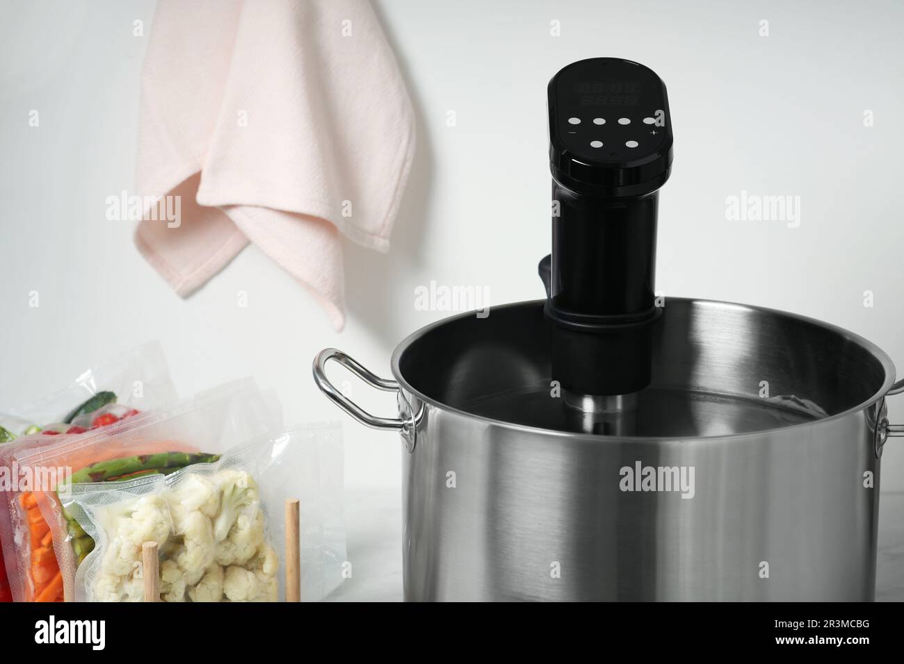 Pot with sous vide cooker and vacuum packed food products, closeup ...
