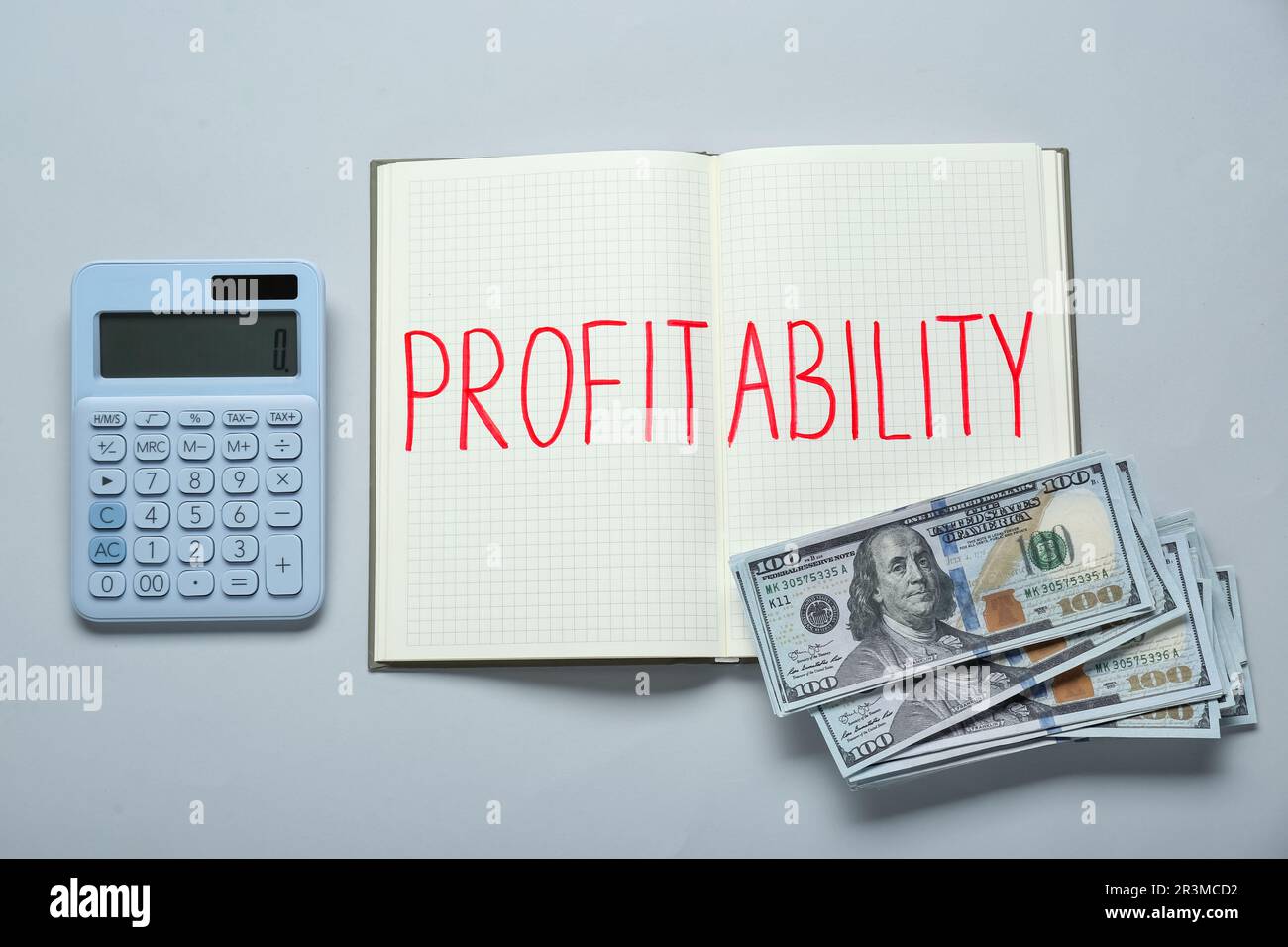 Notebook with word Profitability, calculator and banknotes on light ...