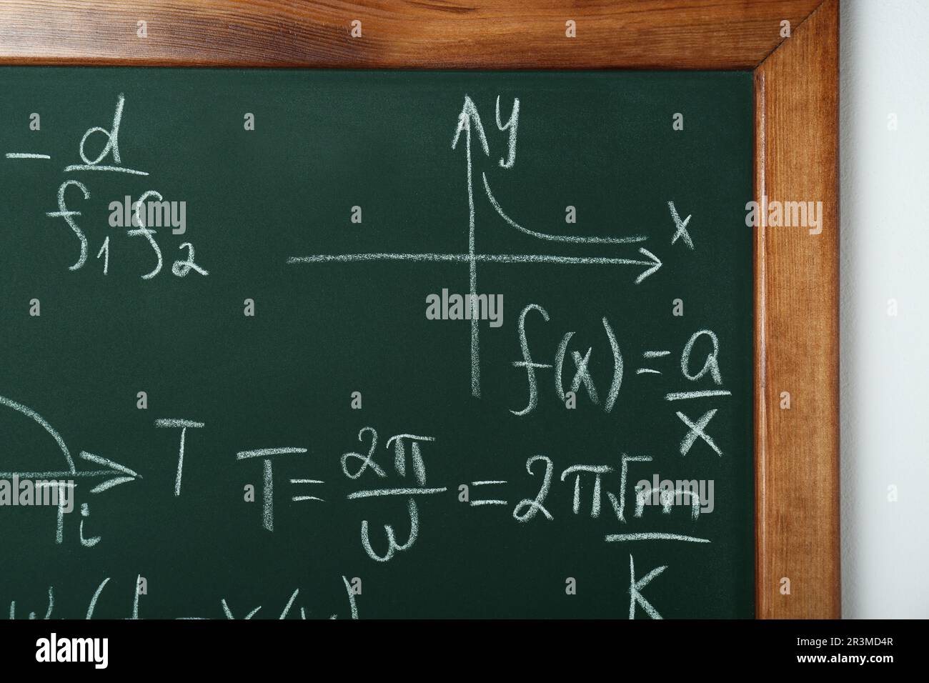 Chalkboard with many different math formulas on white wall, closeup ...