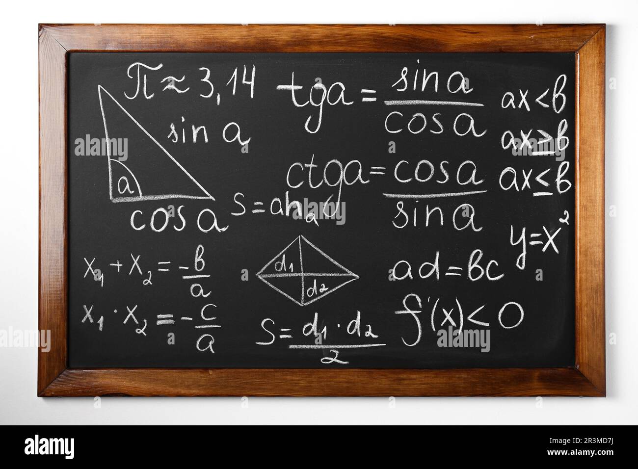 Chalkboard with many different math formulas on white wall Stock Photo ...