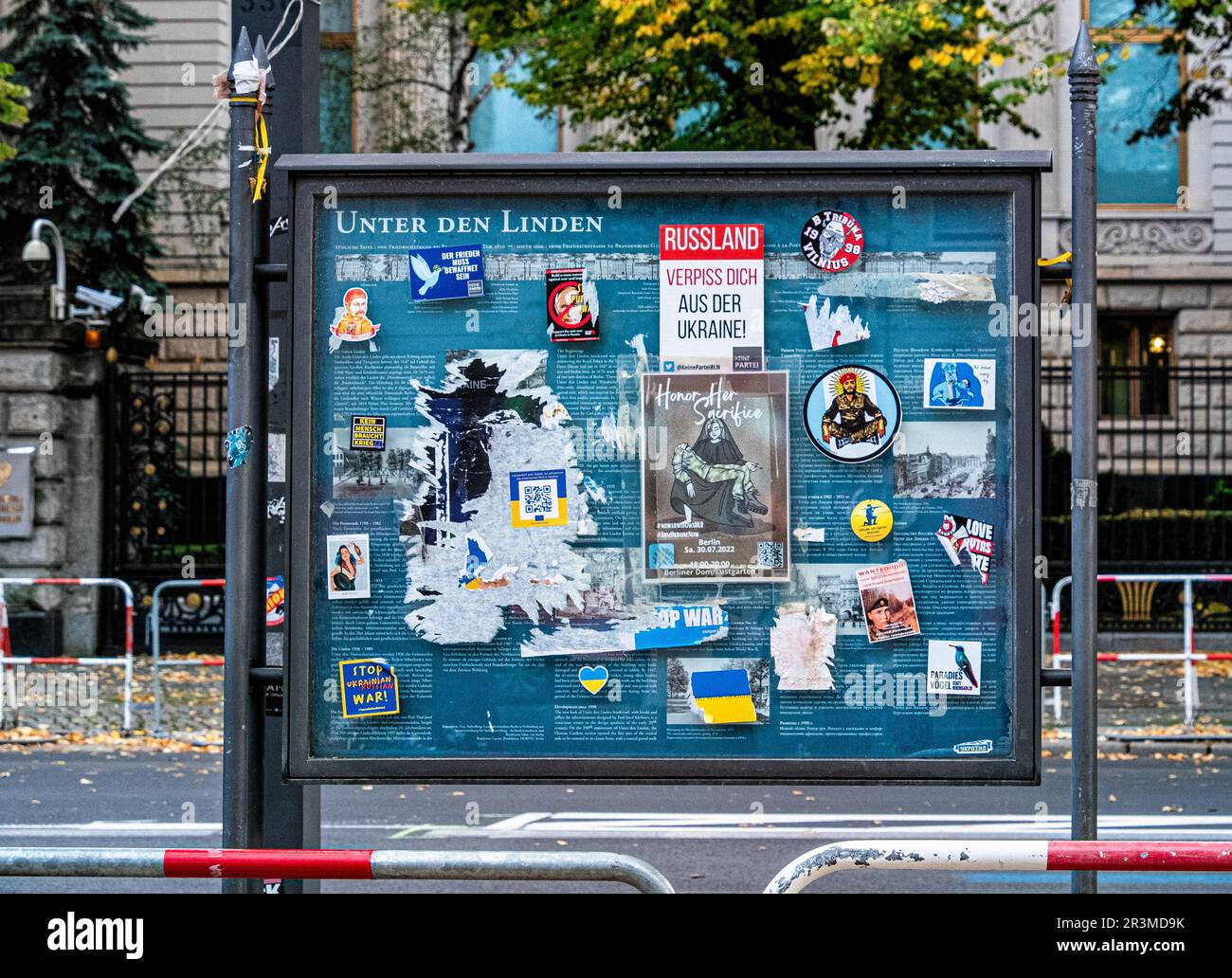 Sticker-Covered Unter den Linden Information sign outside Russian ...