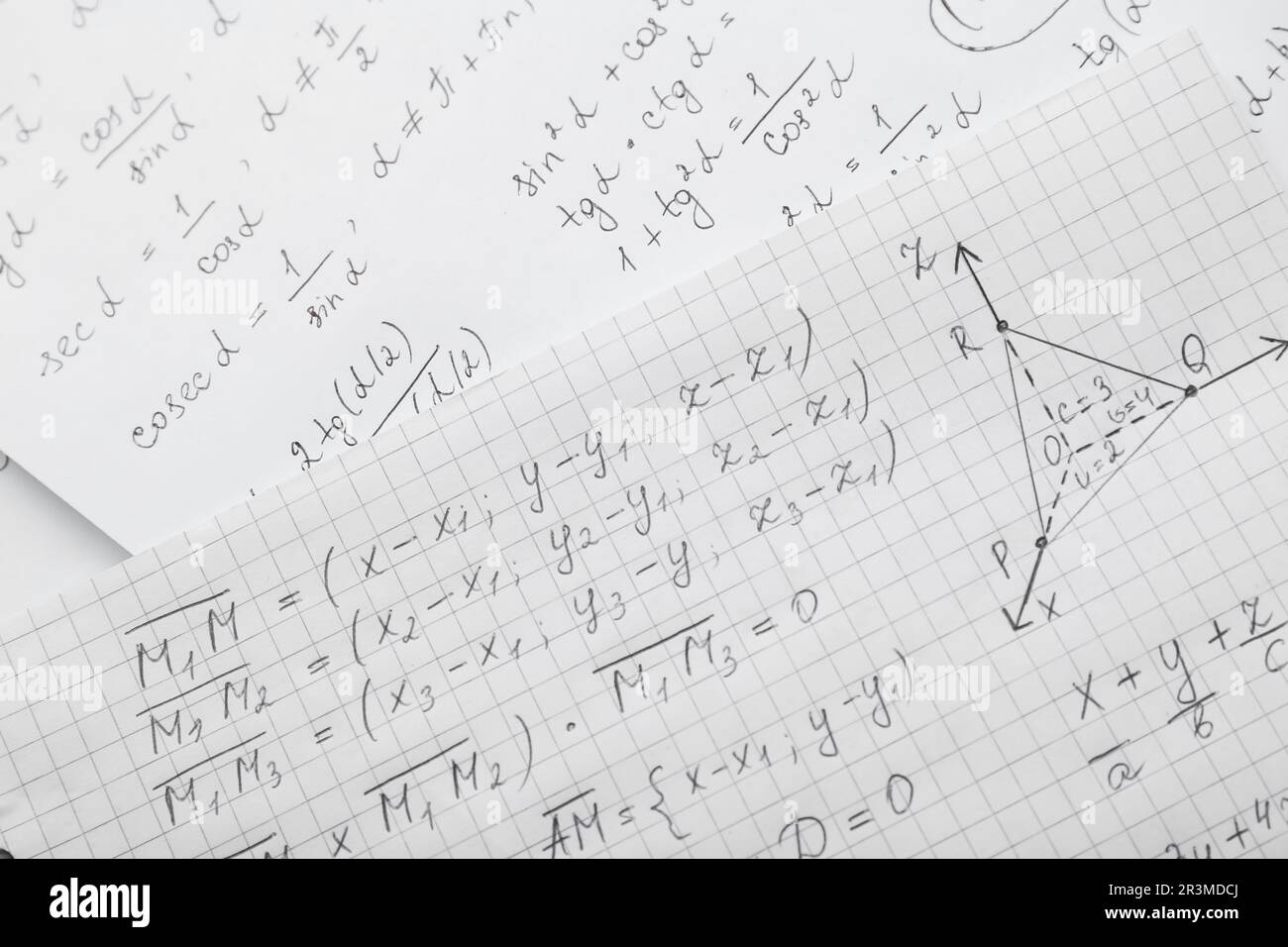 Sheets of paper with different mathematical formulas, top view Stock ...