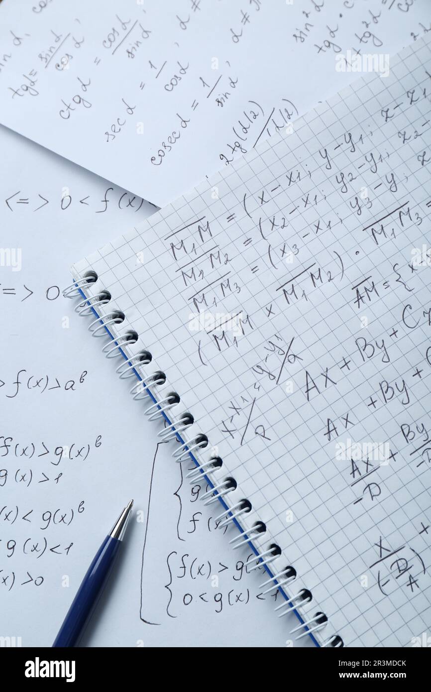 Notebook with different mathematical formulas and pen, top view Stock ...