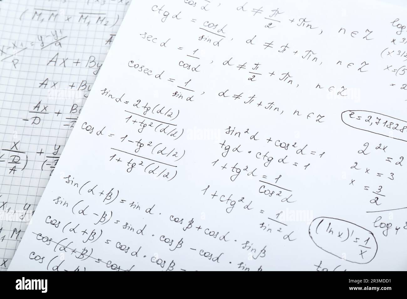 Sheets of paper with different mathematical formulas, closeup Stock ...