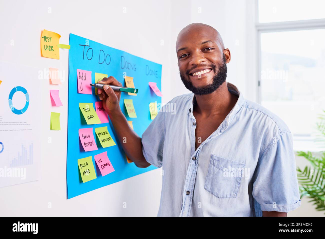Black developer writes ticket on scrum board, sprint planning coding ...
