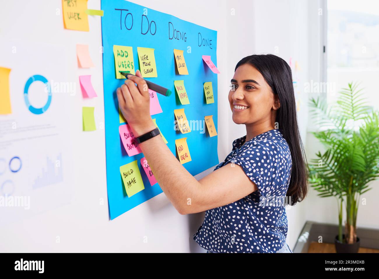 Indian woman writes ticket in backlog of colourful scrum board, KANBAN ...