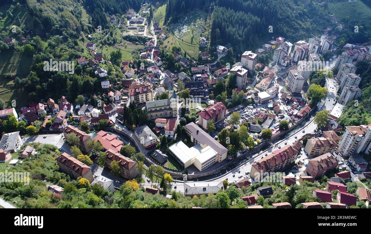 Aerial drone view of ATV quads on a dirt trail in forests. Off-road ...