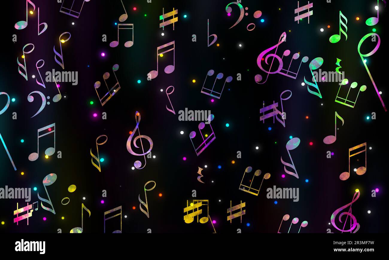 Many bright music notes and other musical symbols on black background ...