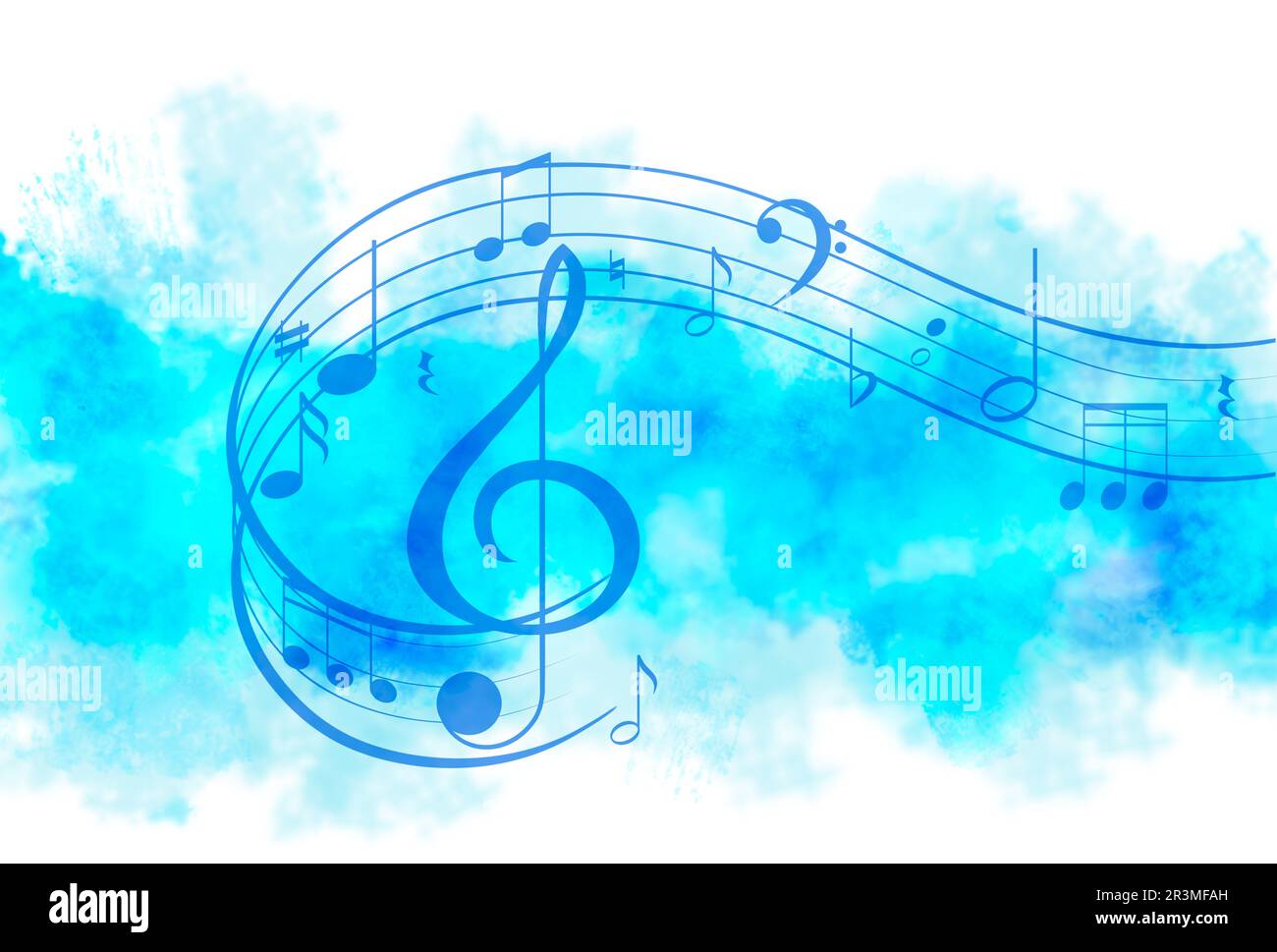 Swirly staff with music notes and other musical symbols on color ...