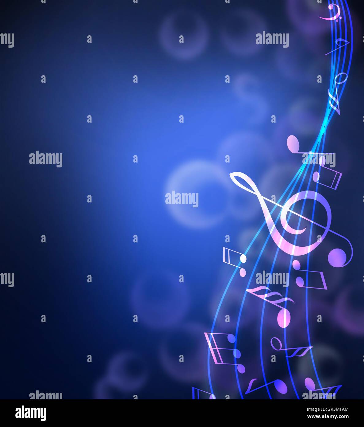 Staff with music notes and other musical symbols on color background ...