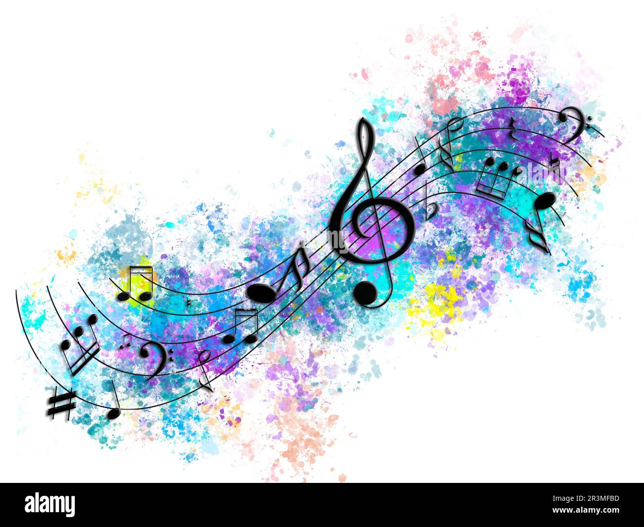 Staff with treble clefs and other musical symbols color background ...