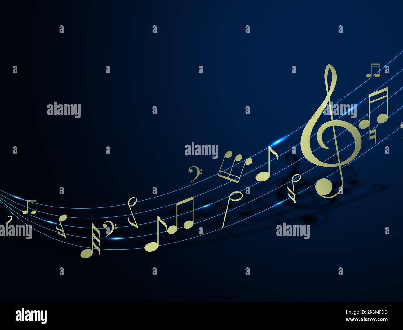 Staff with music notes and other musical symbols on dark blue ...
