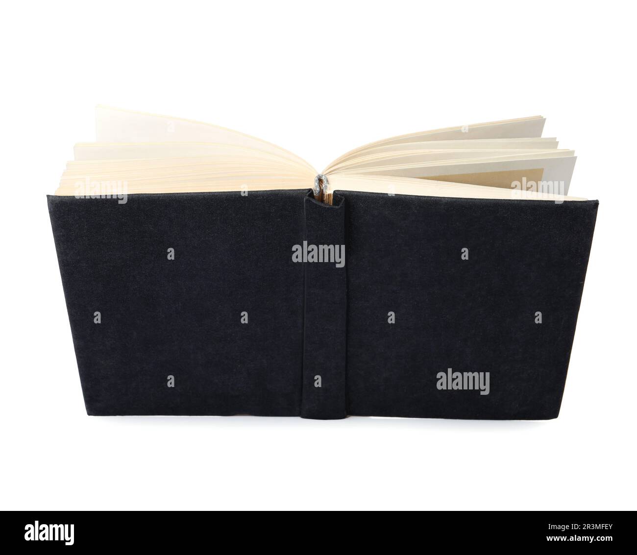Open old hardcover book on white background Stock Photo - Alamy