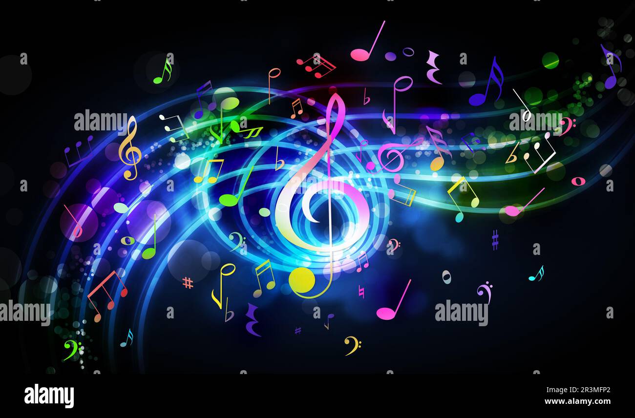 Many music notes and other musical symbols on black background. Bright ...