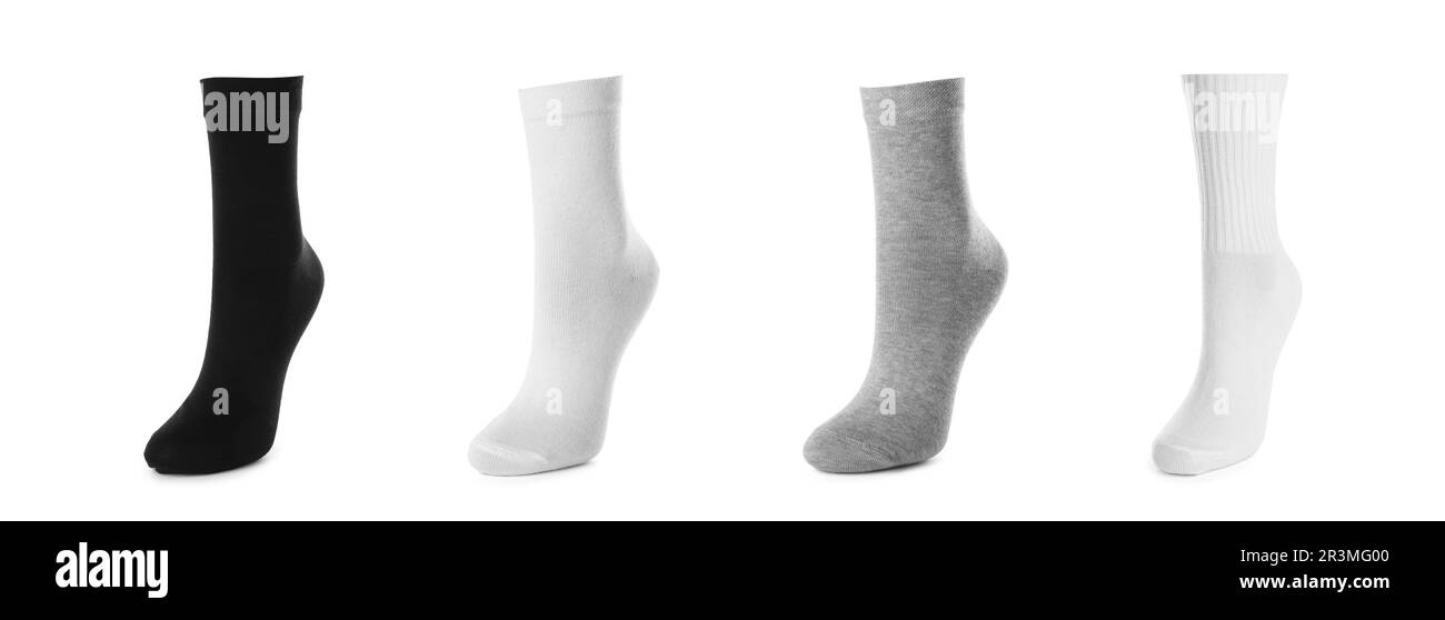 Set with different socks on white background. Banner design Stock Photo ...