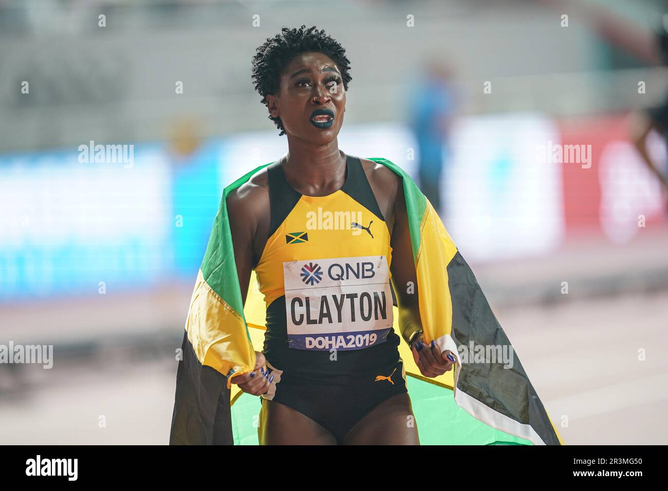 Rushell CLAYTON with his country's flag in the 400m hurdles at the 2019 ...
