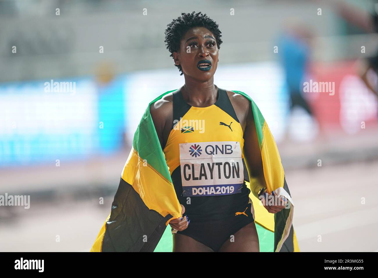 Rushell CLAYTON with his country's flag in the 400m hurdles at the 2019 ...