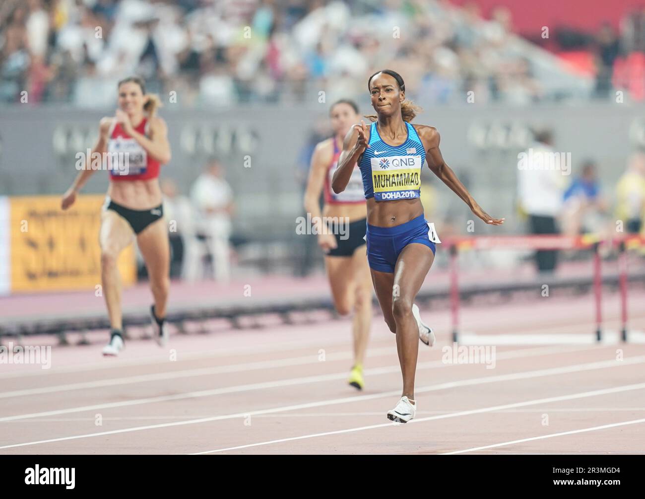 Dalilah MUHAMMAD running the 400m hurdles at the 2019 World Athletics ...