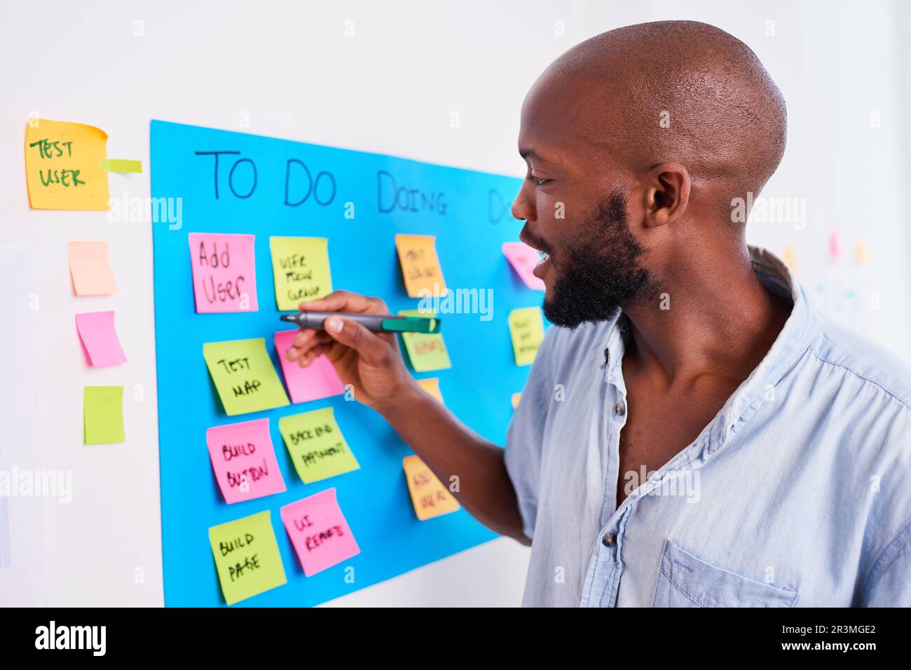 Black developer writes ticket on scrum board, sprint planning coding ...