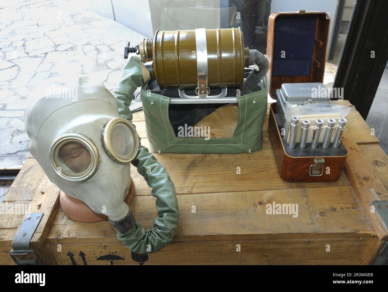 Made in Ukraine gas mask disassembled, wooden crate Stock Photo - Alamy