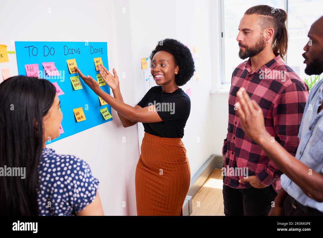 Scrum team participates in daily stand up on KANBAN board, mobile app ...