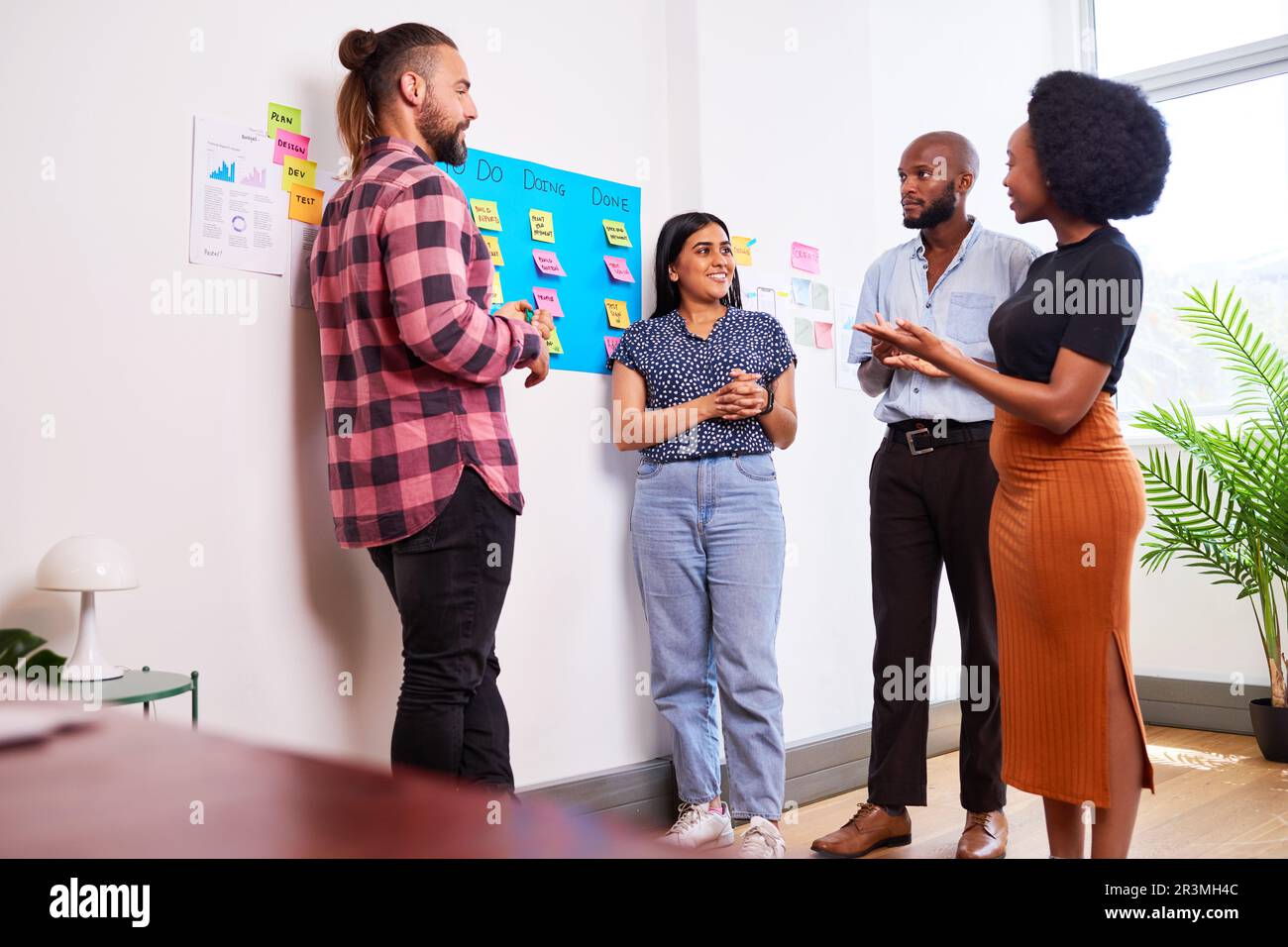 Scrum team participates in daily stand up on KANBAN board, mobile app ...