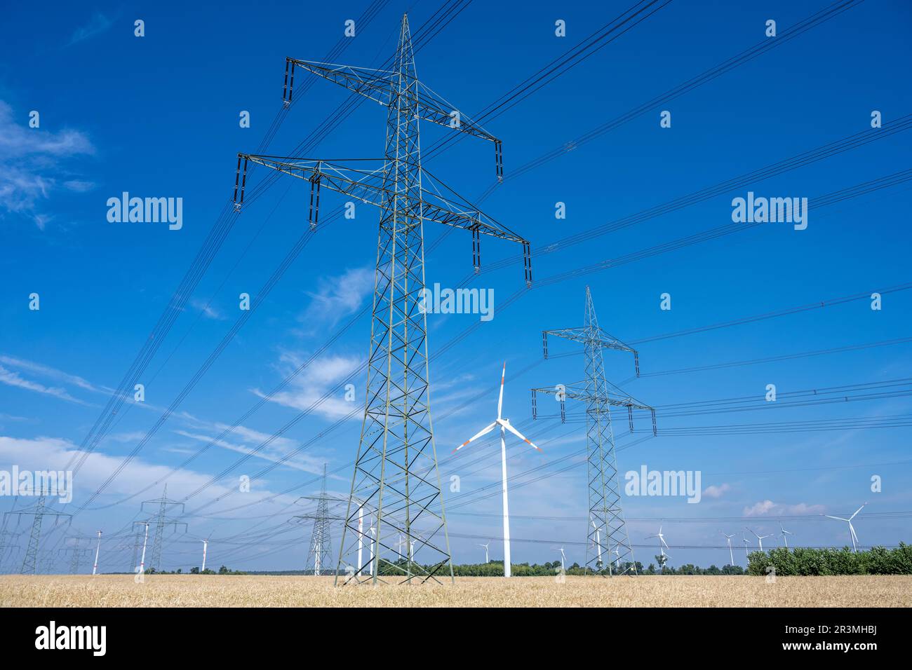 Power lines, electricity pylons and wind turbines seen in Germany Stock ...