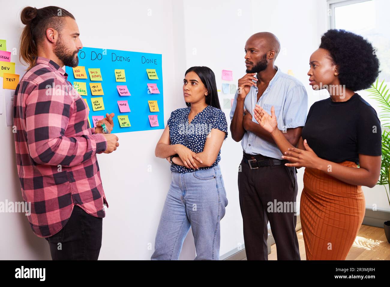 Scrum team participates in daily stand up on KANBAN board, mobile app ...