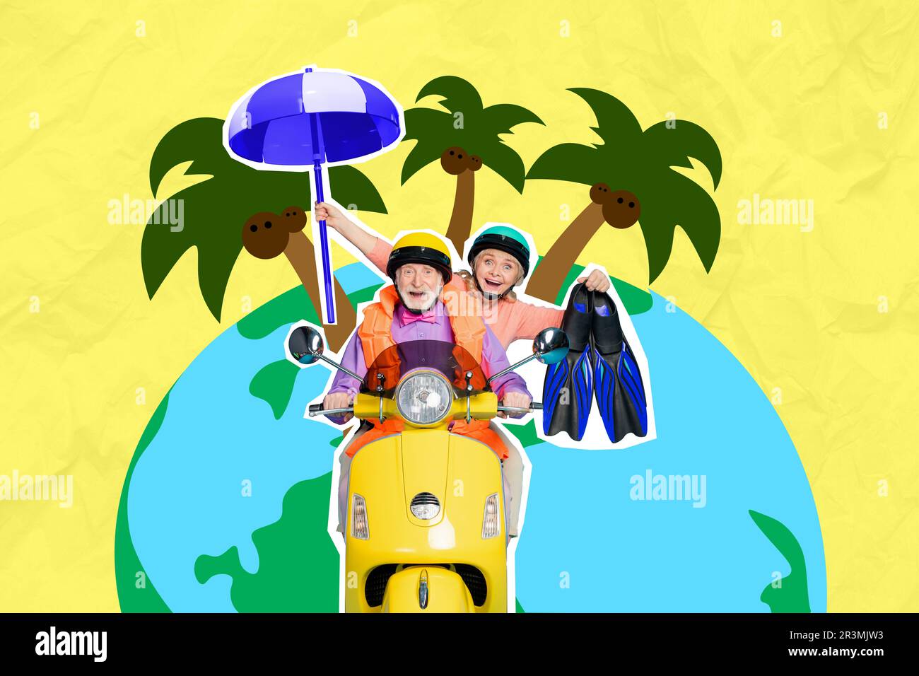 Artwork collage image of two excited people ride moped bike hold sum ...