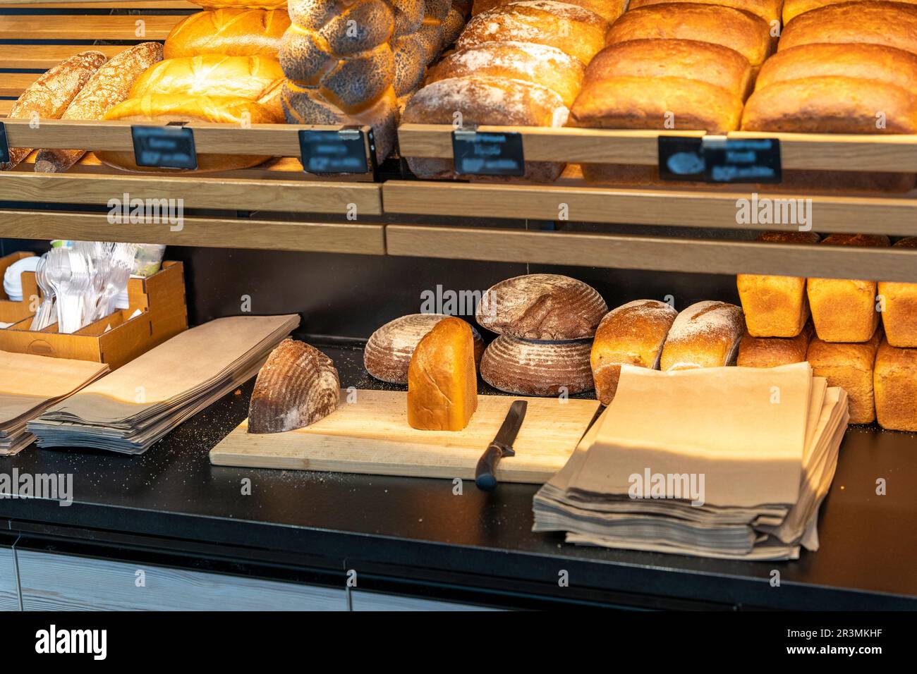 bread and rolls on the shelves of the bread shop Stock Photo - Alamy