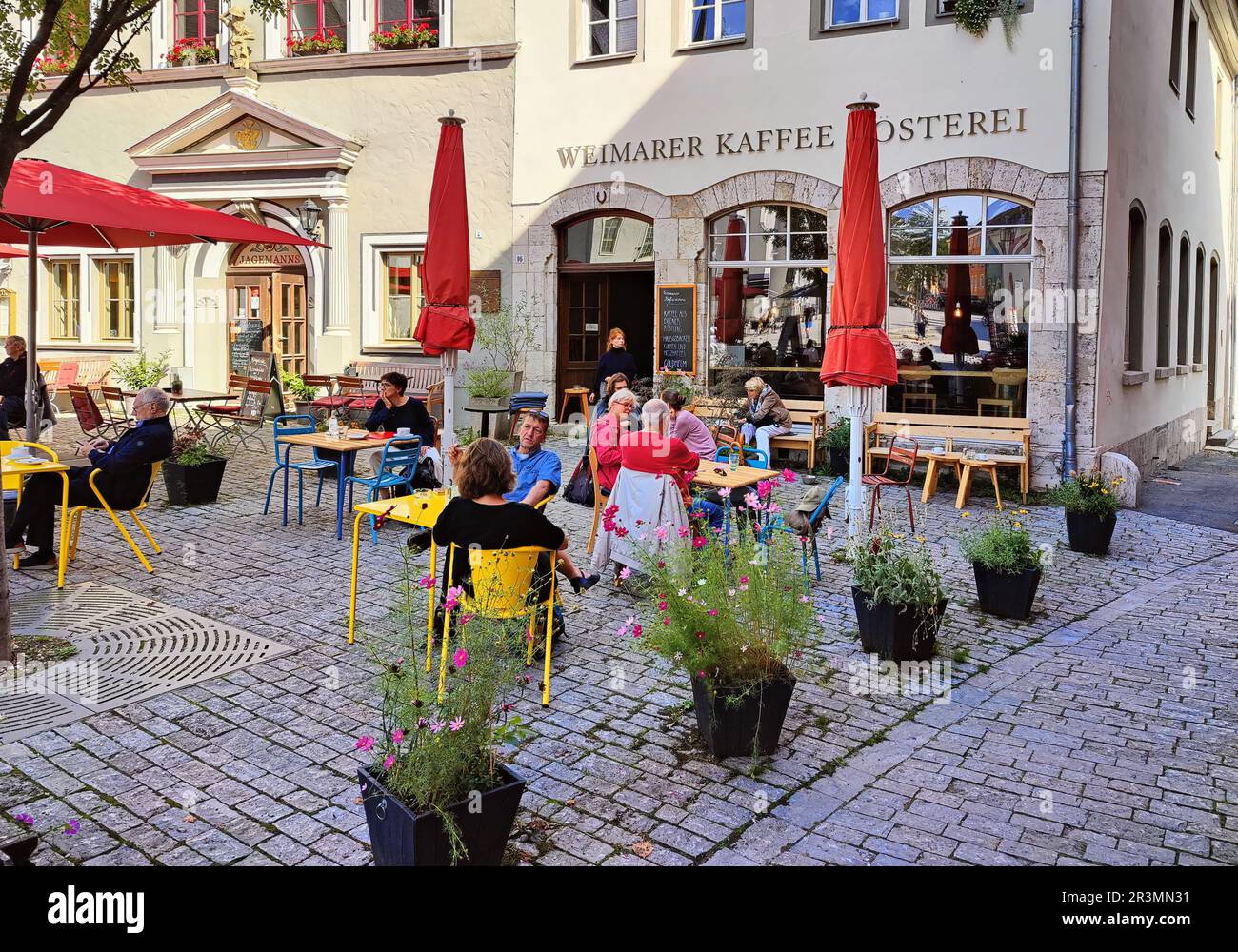 Street cafe in the city center, Weimar, Thuringia, Germany, Europe ...