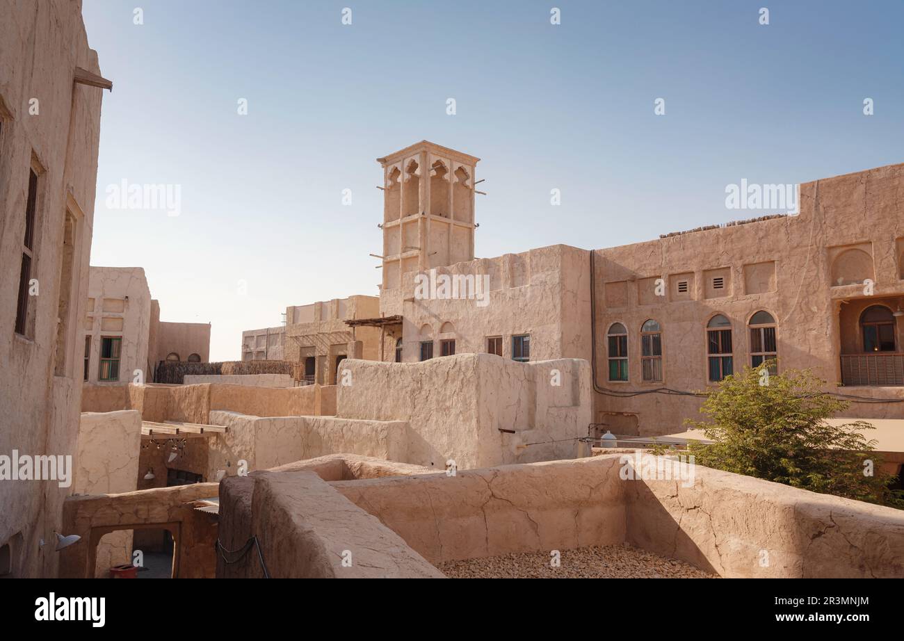 Al seef old historical district with traditional Arabic architecture. old buildings and ...