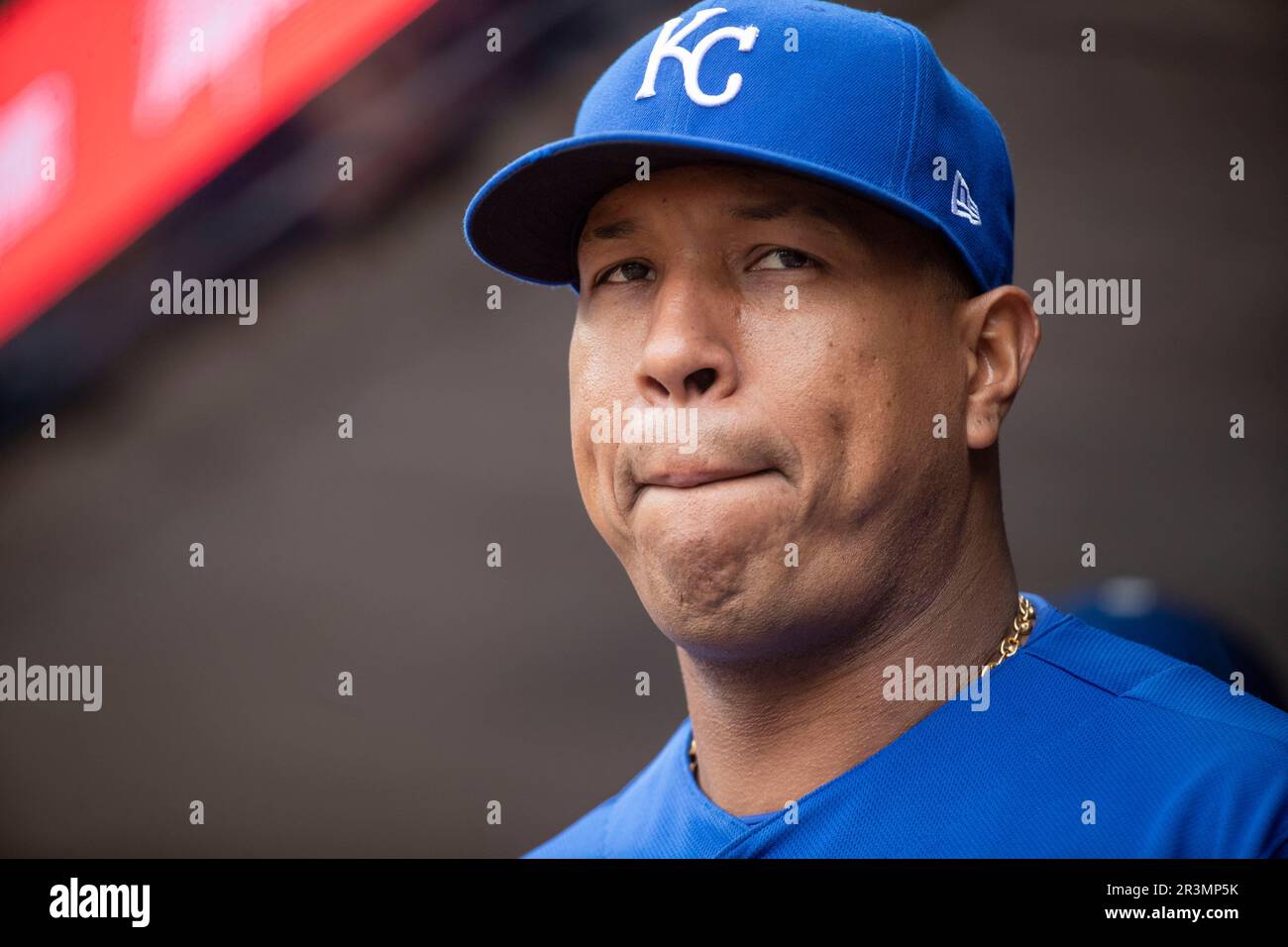 Kansas City Royals' Salvador Perez looks to the camera in the eighth ...