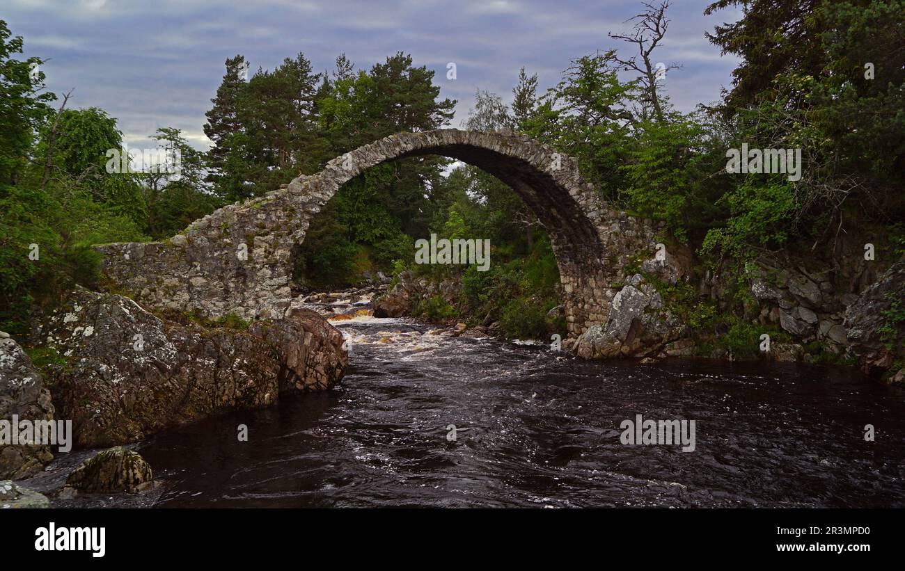Stone bridge and waterfall in Carrbridge Stock Photo - Alamy
