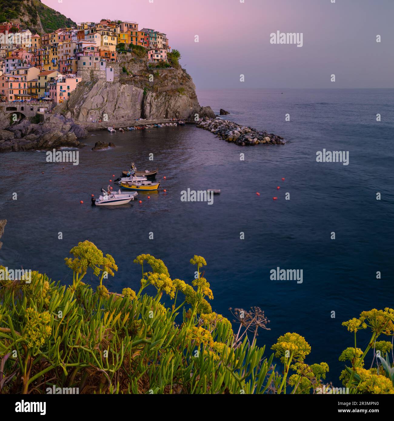 Manarola Village Cinque Terre Coast Italy during sunset at the hill ...