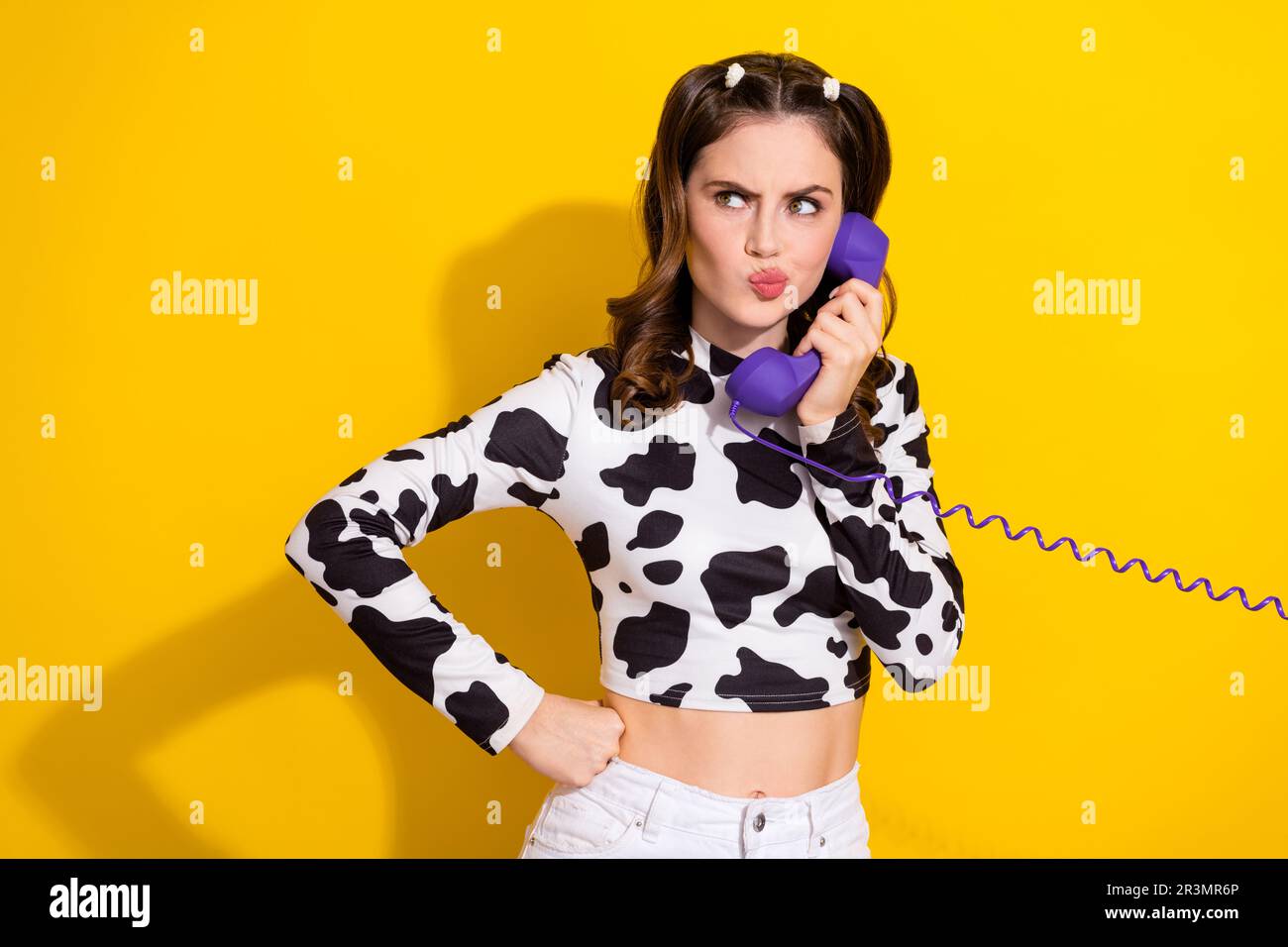 Photo of irritated girl phone calling to customer support wait bad ...