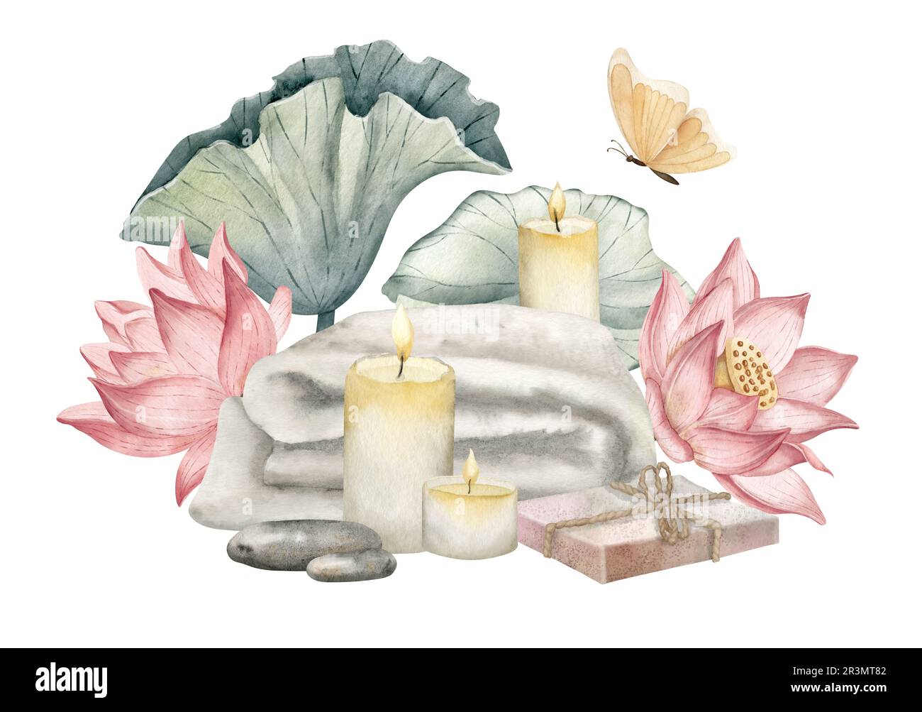 Spa cosmetics with Lotus Flowers, towel and candles. Hand drawn ...