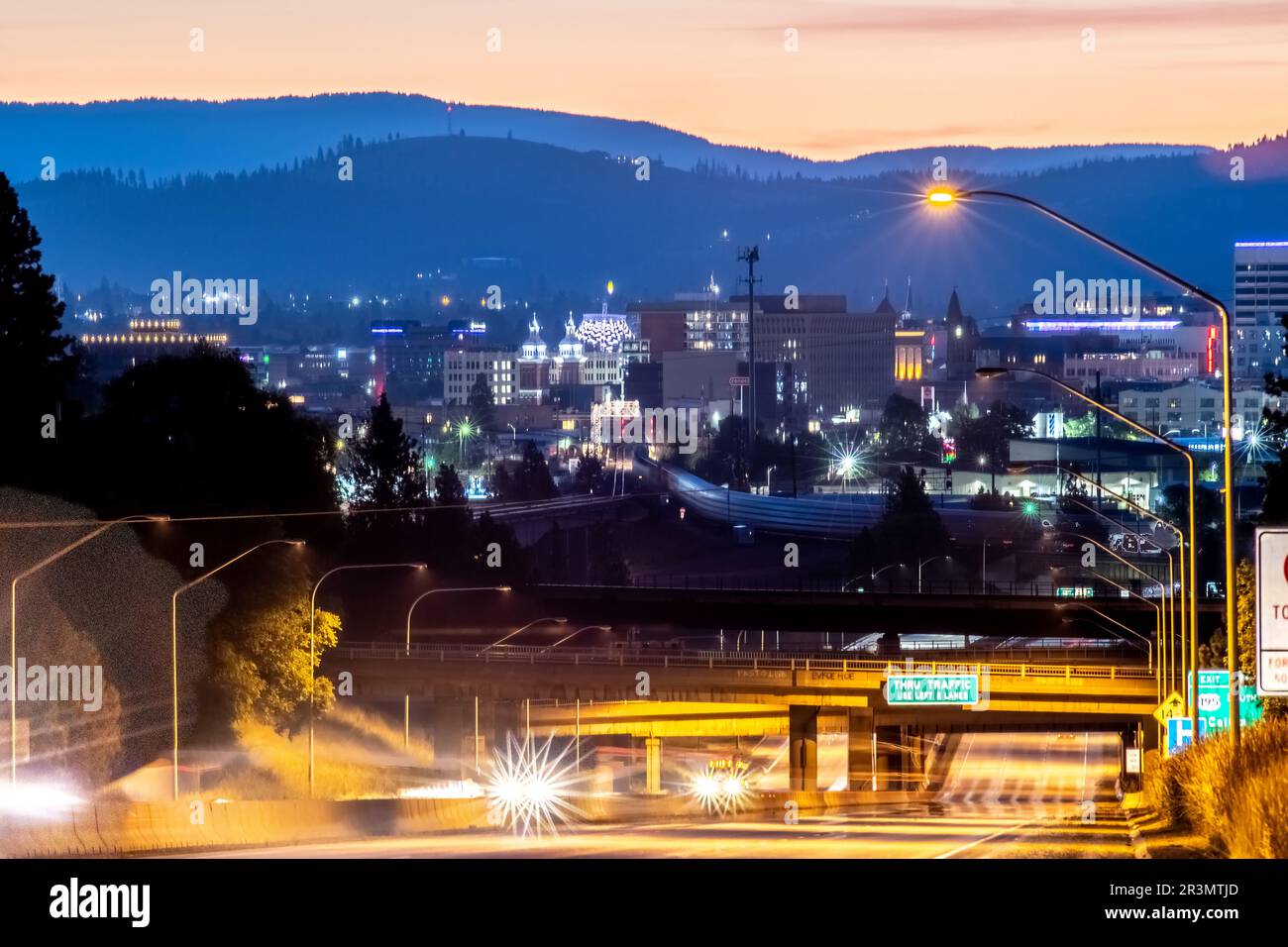 Views of spokane washington downtown from highway I-90 in evening Stock Photo - Alamy
