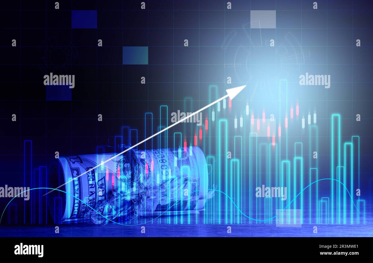 Roll of one hundred dollar bills tied with a rope and a graph with ...