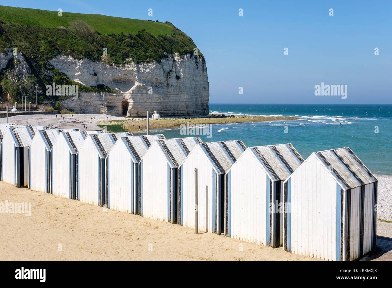 Yport, the pebbles beach, the small boat and the cliffs in front of the ...