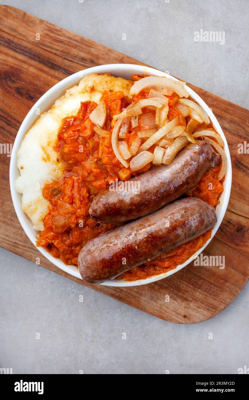 Traditional South African Pap and Wors, sausage with popular maize meal ...