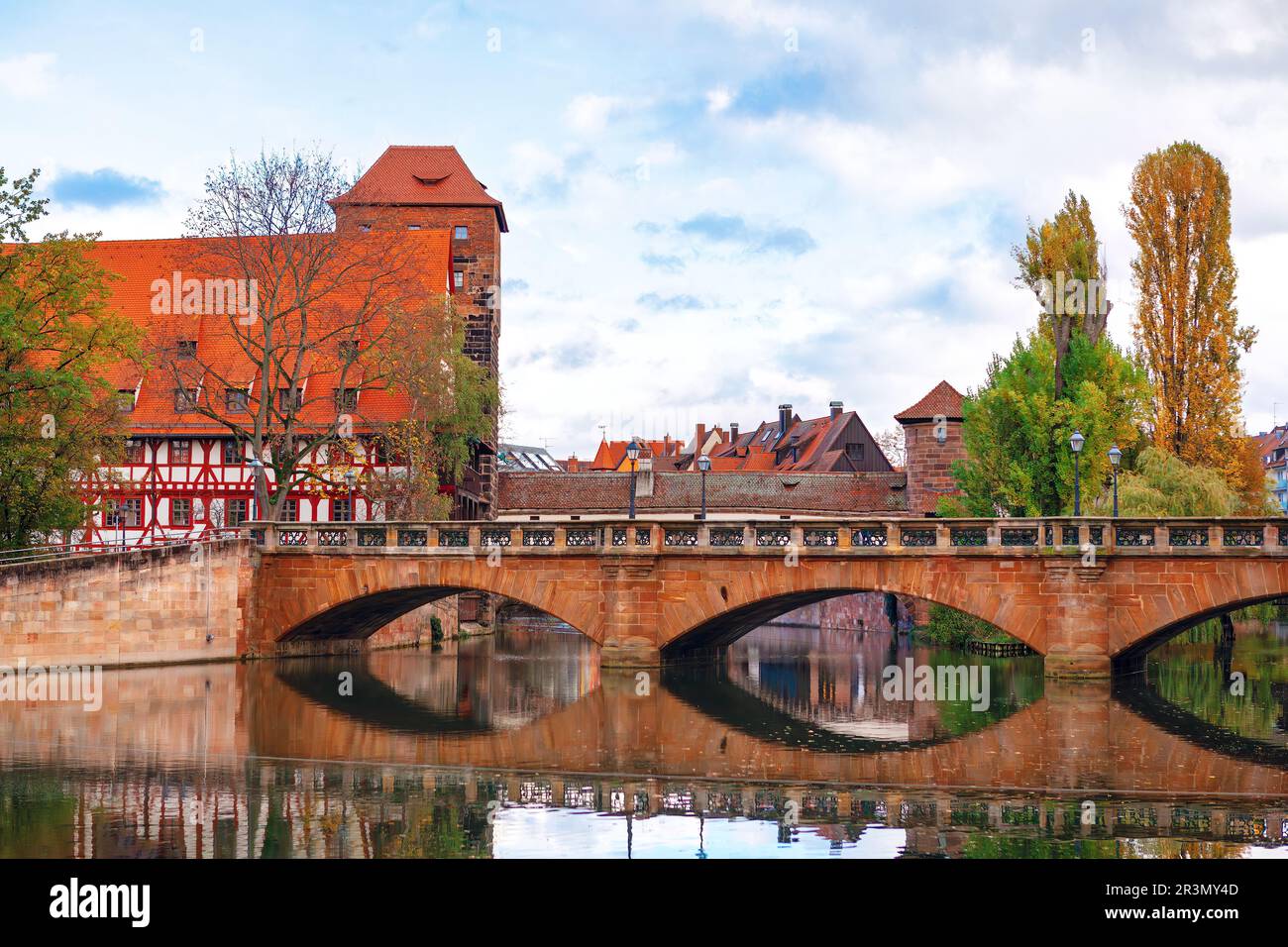 Nuremberg arch bridge over river . German old town in the autumn Stock ...