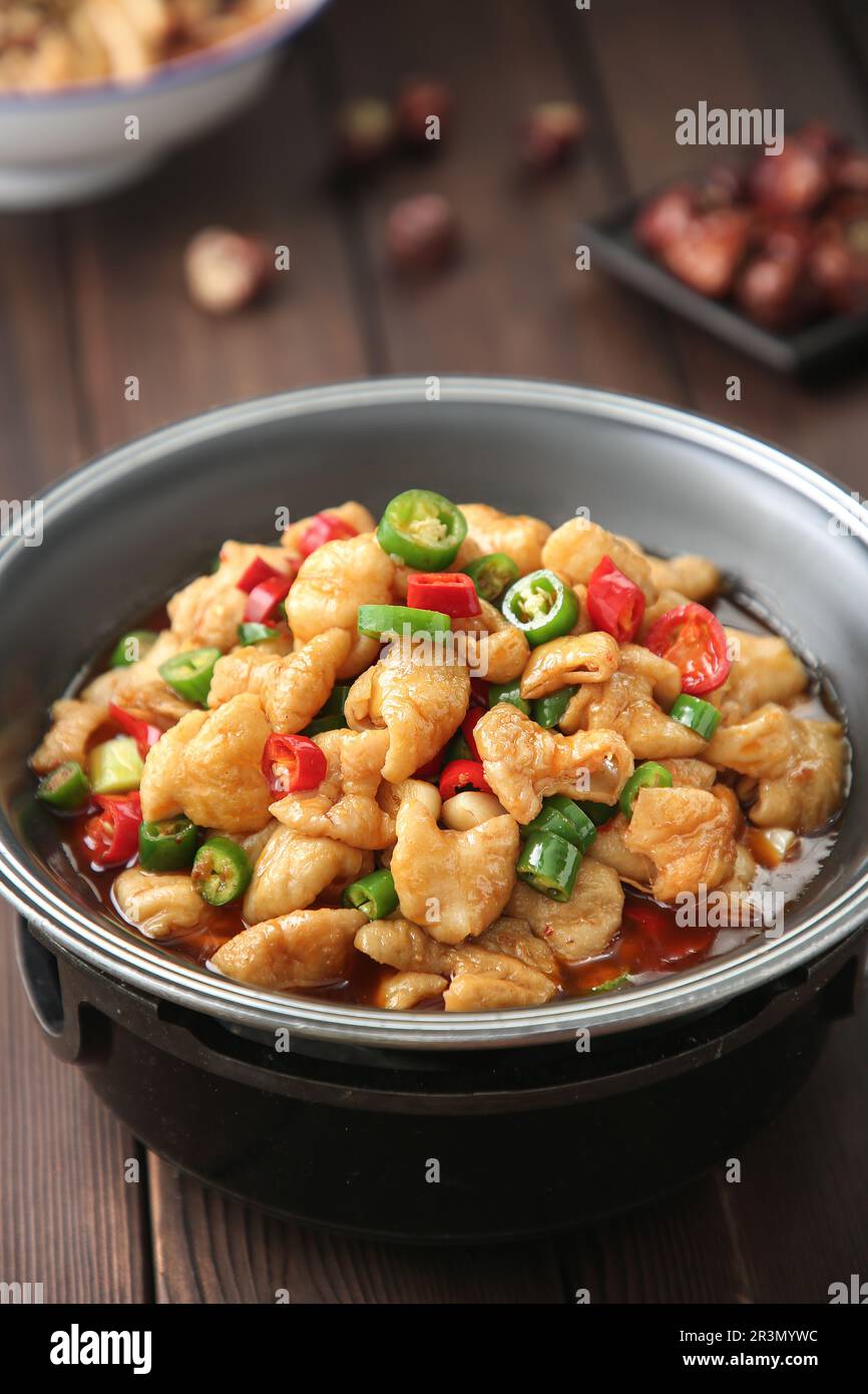 Delicious Chinese food, stir fried pork intestines in casserole Stock ...