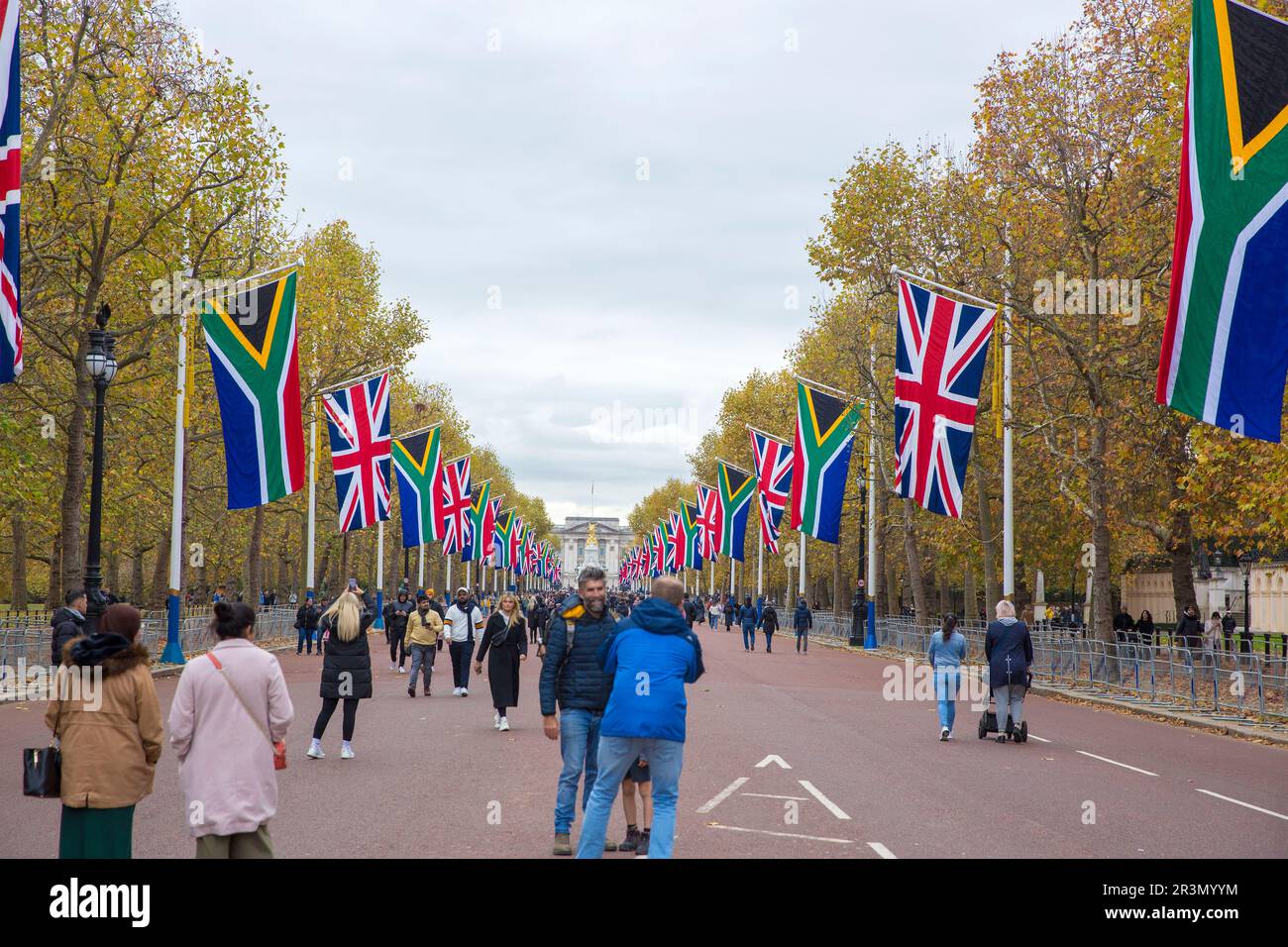 Union flags and flags of South Africa are seen in central London ahead ...