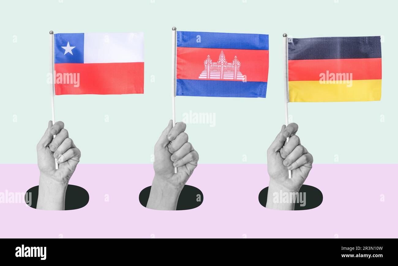 Art collage, Hand with the flag of Chile, Germany and Cambodia on a ...