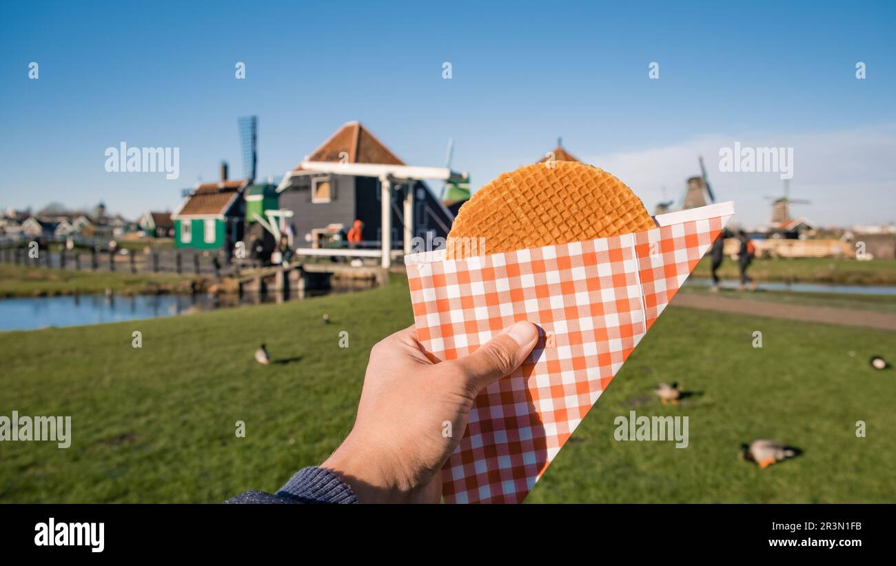 Stroopwafel in Zaanse Schans is a typical Dutch food waffle filled with ...