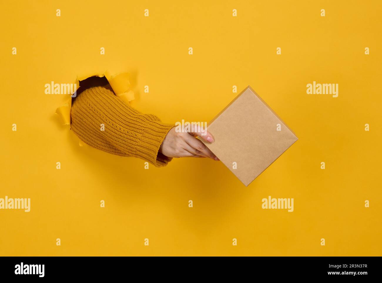 A woman's hand holds a brown cardboard box, part of the body sticks out ...