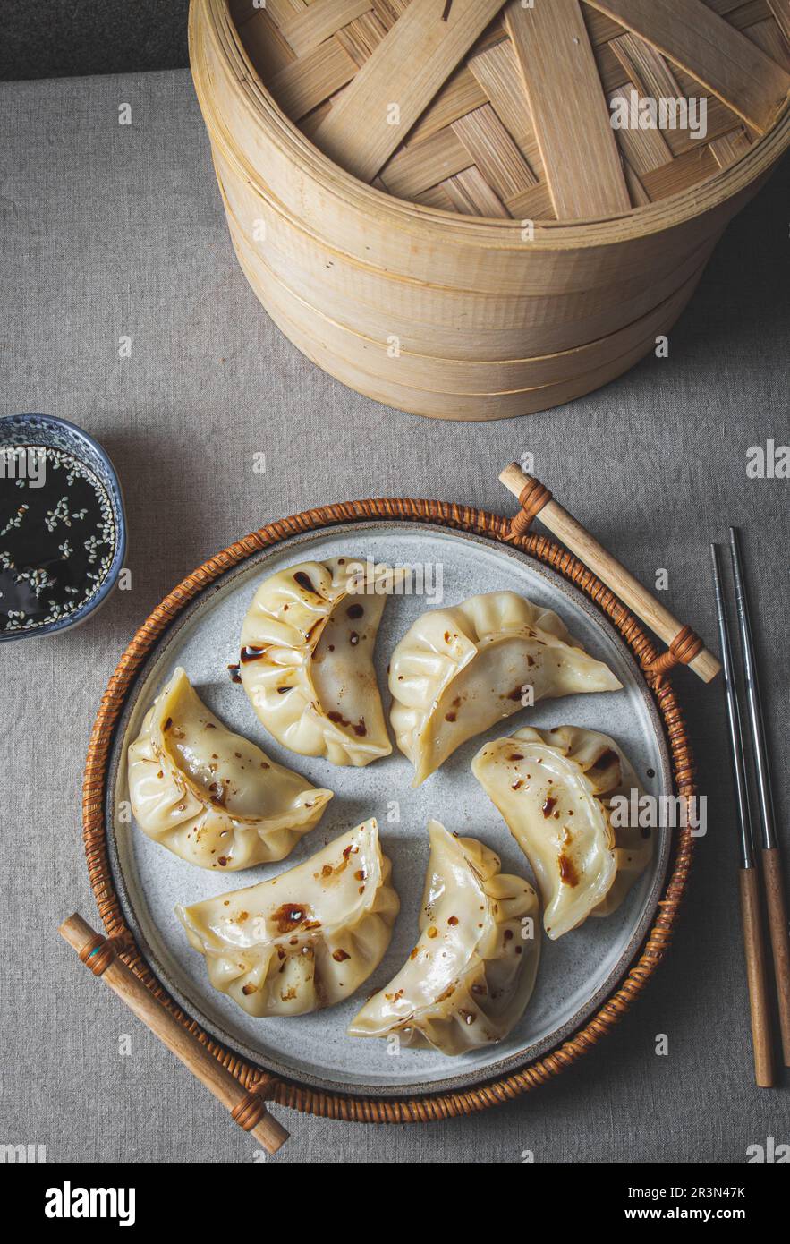 Gyoza Japanese korean dumplings on gray plate on the table. top view ...